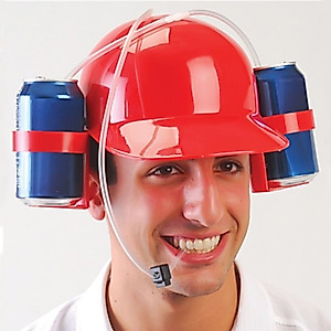 NOVELTY PLACE Drinking Helmet - Can Holder Drinker Hat Cap with Straw for Beer and Soda - Party Fun - Red
