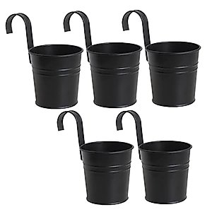 XZJMY 5 Pcs Hanging Flower Pots Metal Iron Bucket Planter Pot Metal Bucket Flower Holder with Hook Indoor Outdoor Decor for Railing Fence Balcony Garden (Black)