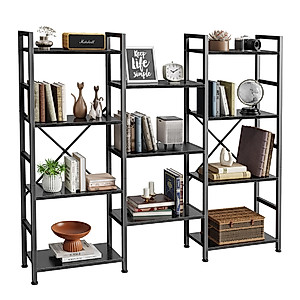 SUPERJARE Triple 5 Tier Bookshelf, Bookcase with 14 Open Display Shelves, Ladder Bookshelf, Wide Book Shelf Book Case with Steel Frame, Wood Board, for Home & Office, Dark Brown