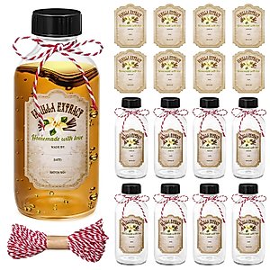 Uiifan 8 Pcs 4 oz Vanilla Extract Bottles Boston Round Bottles with Caps Glass Bottle and 8 Pcs Vanilla Extract Labels Stickers for Syrup Gift Glass Food Storage Canister Set Sauce Beans (Clear)
