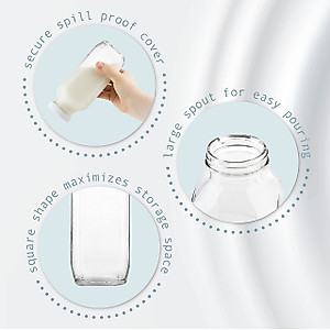 kitchentoolz 16oz Square Glass Milk Bottle with Plastic Airtight Lids - Vintage Reusable Dairy Drinking Jars Containers for Milk, Yogurt, Smoothies, Kefir, Kombucha, and Water- Pack of 2