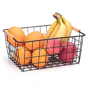 HDYOUDO Metal Wire Food Storage Basket Organizer with Wooden Handles for Organizing Kitchen Cabinets, 2 Packs-Black