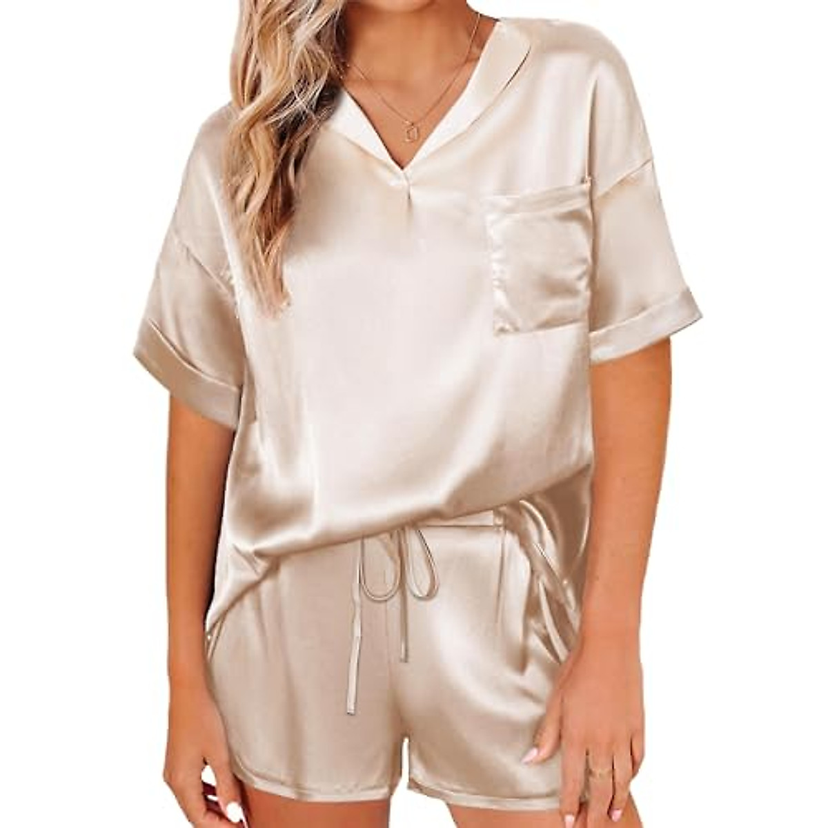 Ekouaer Satin Pajamas Set for Women Short Sleeve Silk Pj Sets Soft Sleepwear Top Champagne