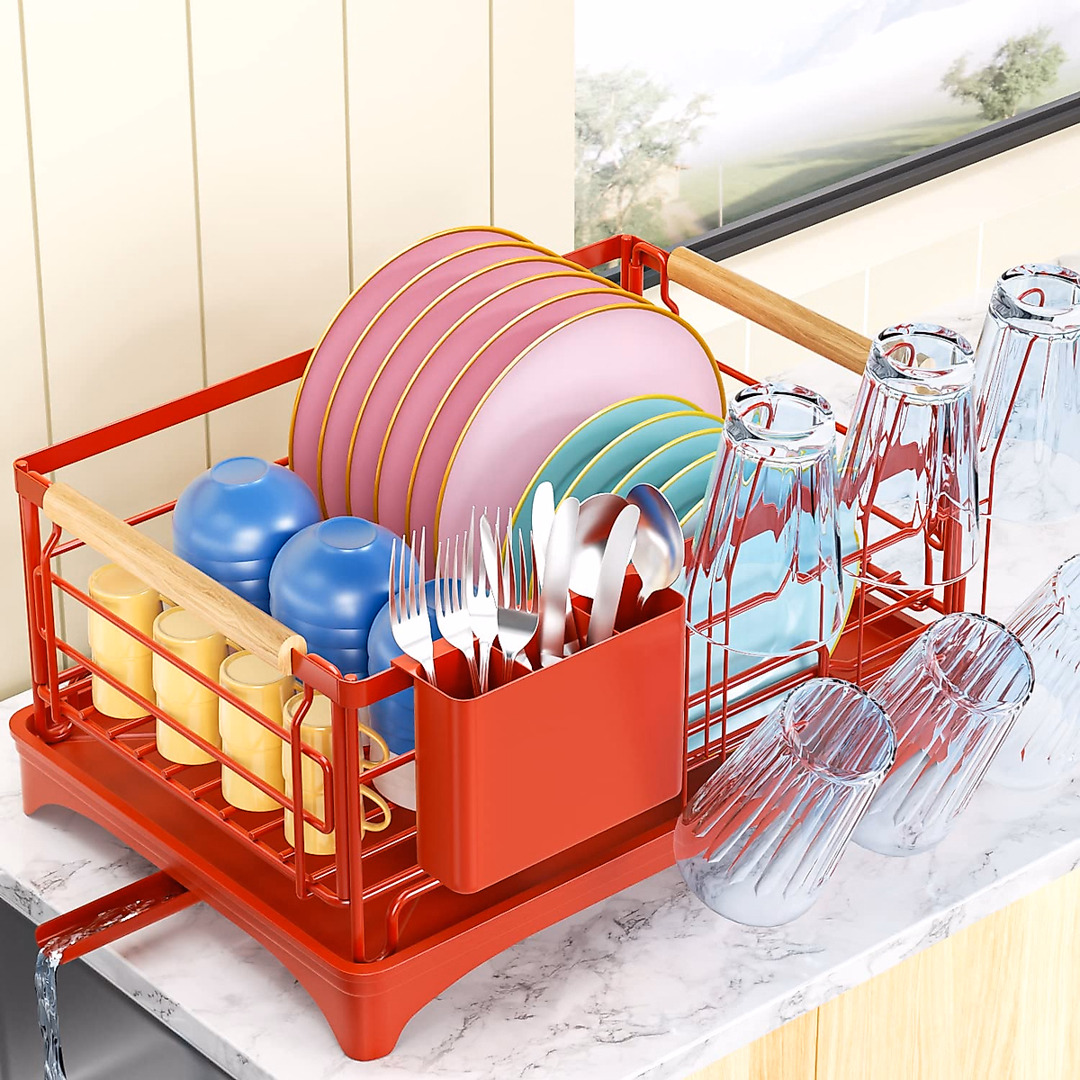 G-TING Dish Drying Rack, Dish Rack for Kitchen Counter, Rust-Proof Dish Drainer with Drying Board and Utensil Holder for Kitchen Counter Cabinet, 16.6” L× 12.6”W× 7.8”H, Bright Red