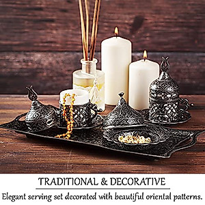 Crystalia Turkish Coffee Espresso Cup Set, Arabic Greek Moroccan Coffee Serving Set, Antique Silver Cups with Inner Porcelain and Metal Saucers Lids, Tray Sugar Dish, Demitasse Gift Set (Silver)