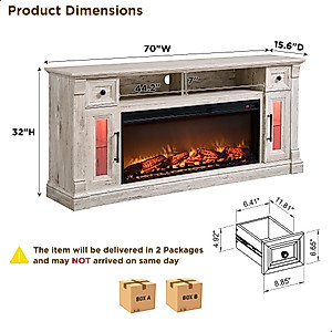 OKD Fireplace TV Stand for 80 Inch TV - Farmhouse Entertainment Center with 42" Electric Fireplace & LED Lights, Wood Media Console with Storage Drawers & Cabinets for Living Room, Antique Brush White