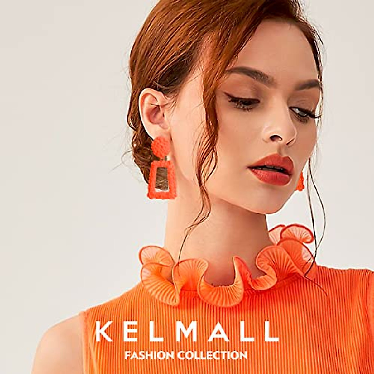 KELMALL Raised Design Drop Dangle Statement Earrings for Women Classic Metallic Geometric Rectangle Earring- Neon Orange