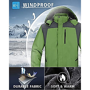 Mens Winter Jackets Ski Snow Coats Warm Fleece Lined Waterproof Windbreaker Softshell Hooded Jackets Raincoats Green 2XL