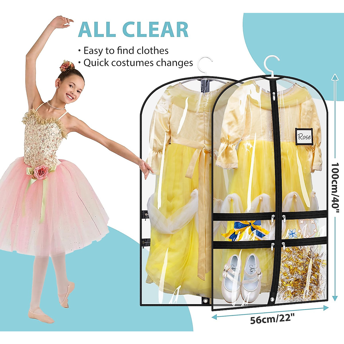 SLEEPING LAMB 3 Packs Clear Dance Garment Bags for Dancers with 4 Pockets, 40" Kids Dance Costume Garment Bag, Hanging Clothes Cover for Dance Competition, Recital, Travel & Closet Storage, Black