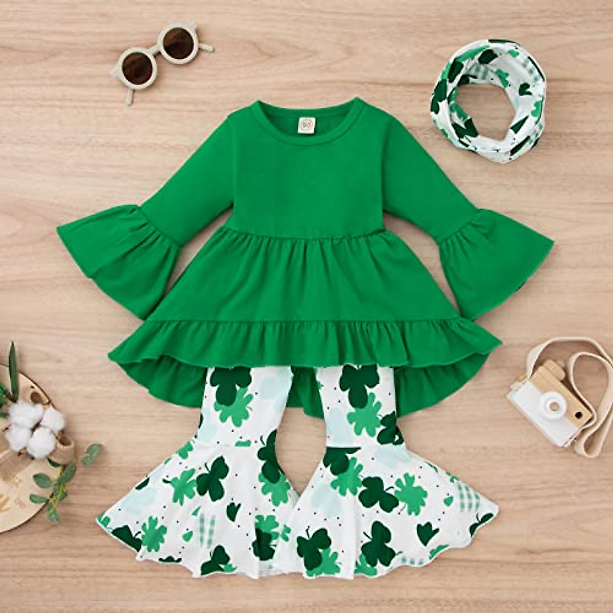 Gushehua Toddler ST Patrick's Day Clothing Sets Kids Baby Girls Long Sleeve Tops Dress+ Four-leaf Clover Legging Outfit (Green, 18-24Months)