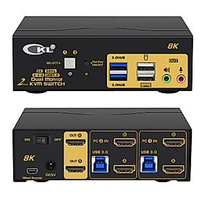 CKL 2 Port USB 3.0 KVM Switch Dual Monitor HDMI 2.1 8K 60Hz 4K 120Hz 144Hz, Keyboard Video Mouse Peripherals Switcher for 2 Computers 2 Monitors with Audio 922HUA-4