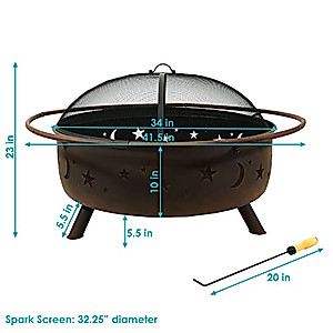 Sunnydaze Cosmic 42-Inch Wood-Burning Steel Fire Pit with Round Spark Screen, Poker, and Built-in Grate - Rust Patina