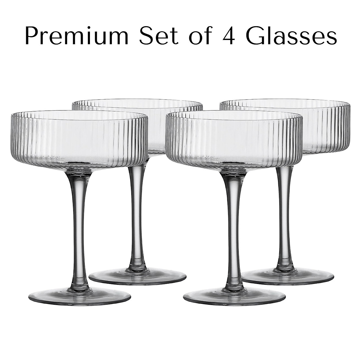 Sipp Vintage Art Deco Luxury Ribbed Martini Glasses | Set of 4 | Premium Classic Crystal Cocktail Glassware for Martini, Manhattan, Cosmopolitan, Sidecar, Daiquiri, Dessert | 10 oz | Mother's Day Gift