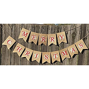 Merry Christmas Snowflake Burlap Banner - Ready to Hang Holiday Decor - Festive Christmas Seasonal Winter Decoration - Xmas Party Photo Prop Decorations - Rustic Bunting Garland by Jolly Jon