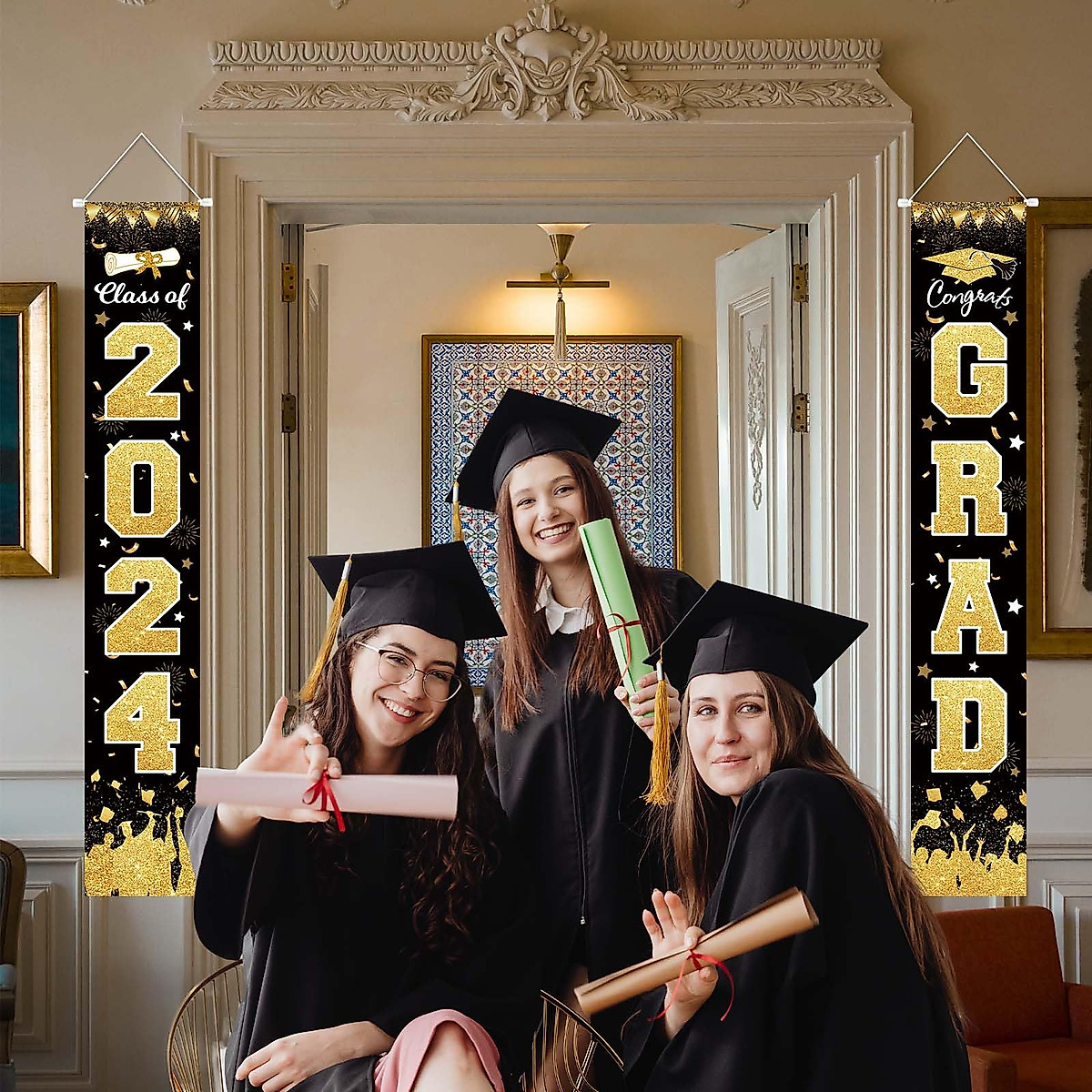 2024 Graduation Party Decorations - Green Gold Class of 2024 Congrats Grad Porch Sign Banner Hanging Flag Graduation Party Supplies for School College Classroom Decor