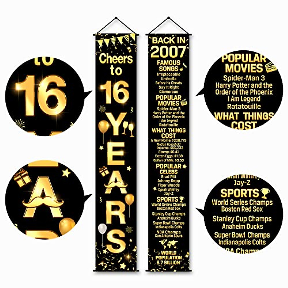 2 Pieces 16th Birthday Party Decorations Cheers to Years Banner Party Decorations Welcome Porch Sign for Years Birthday Supplies (16th-2007)