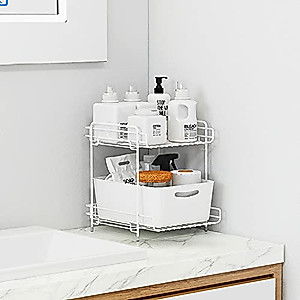 Lainrrew 2 Tier Cabinet Organizer, Stackable Under Sink Mesh Basket Organizer Under the Sink Storage Organizer for Home, Kitchen, Bathroom, Countertop (White)