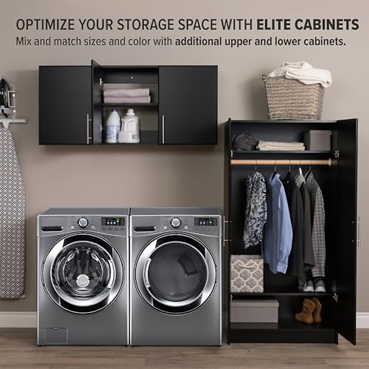 Prepac Elite 32" Storage Cabinet Closet, Black Storage Cabinet, Linen Cabinet, Wardrobe Cabinet with Hanging Rail and Shelves 24.5" D x 32" W x 65" H