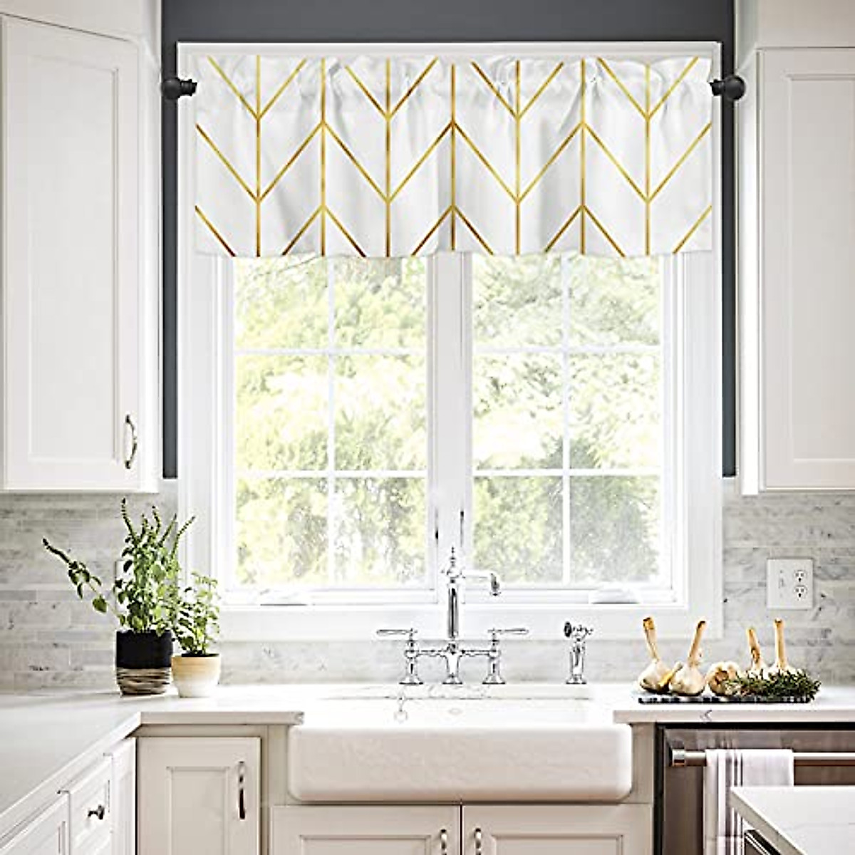 Window Valance Light Filtering Valances Curtains Modern Chevron Geometric White and Gold Lightweight Window Treatment Rod Pocket Valances for Living Room/Kitchen,54 x 18 Inch,1 Panel