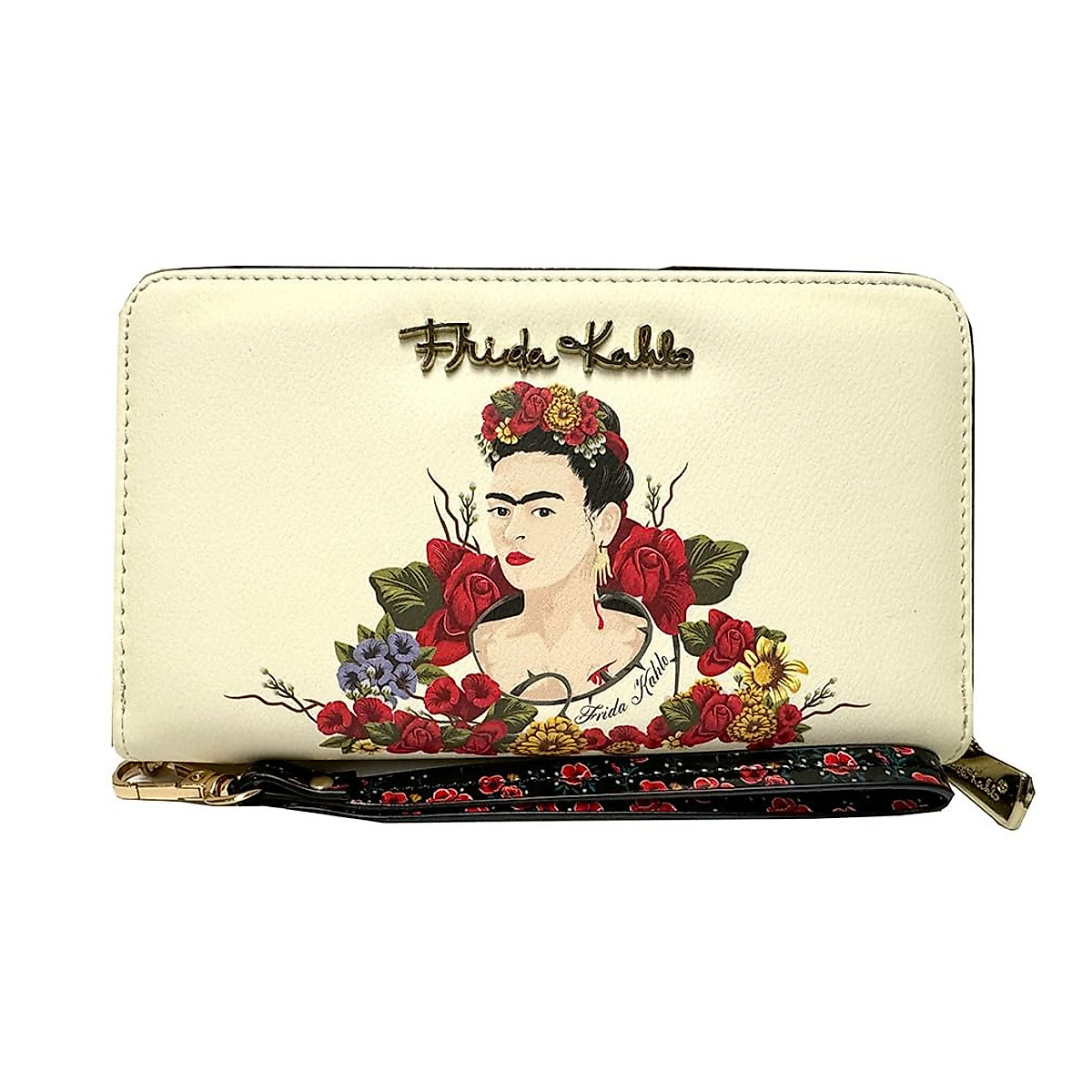 Frida Kahlo Flower Collection Around Zip Wallet with Wristlet (Black)