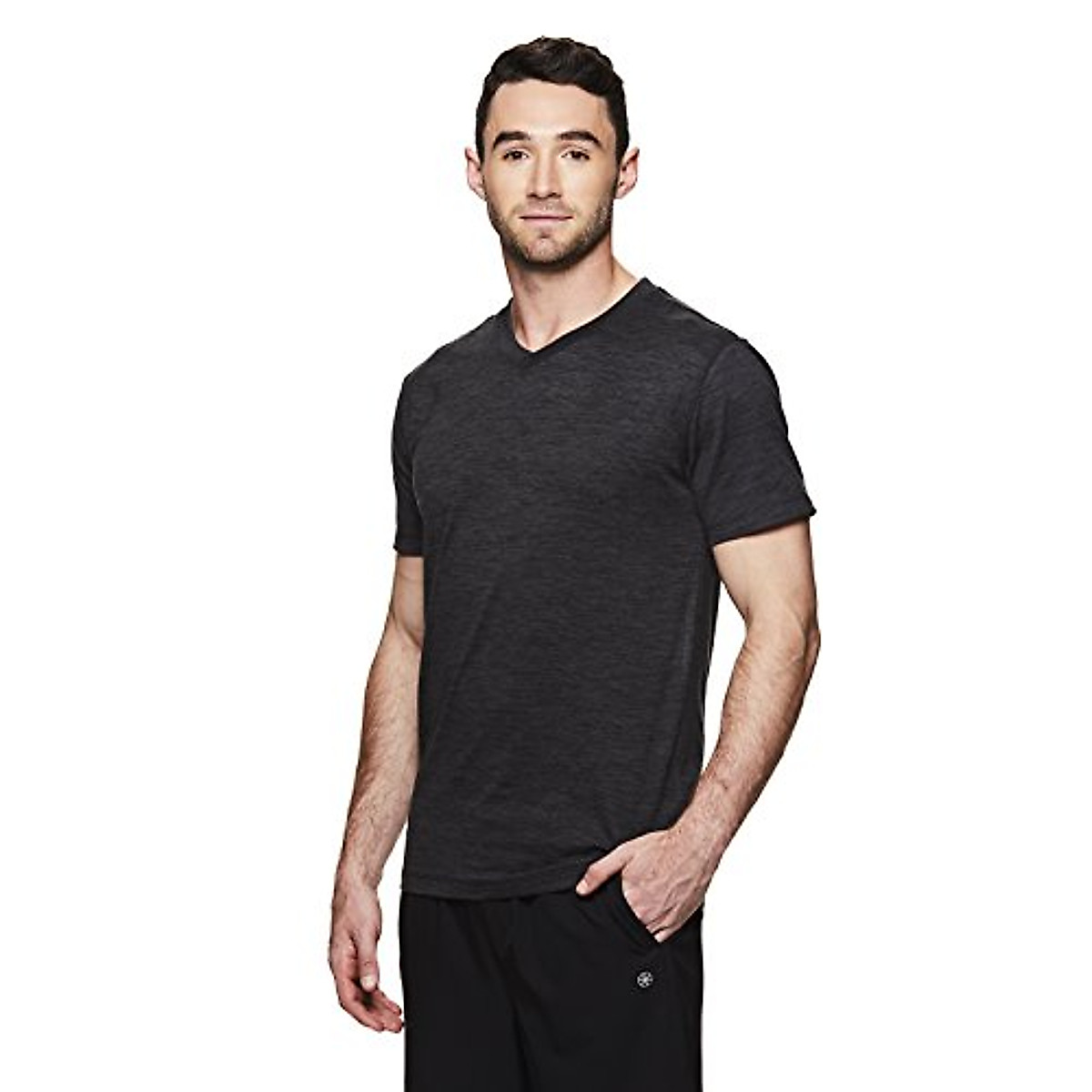 Gaiam Men's Everyday Basic V Neck T Shirt - Short Sleeve Yoga & Workout Top - Black Heather Everyday, Large
