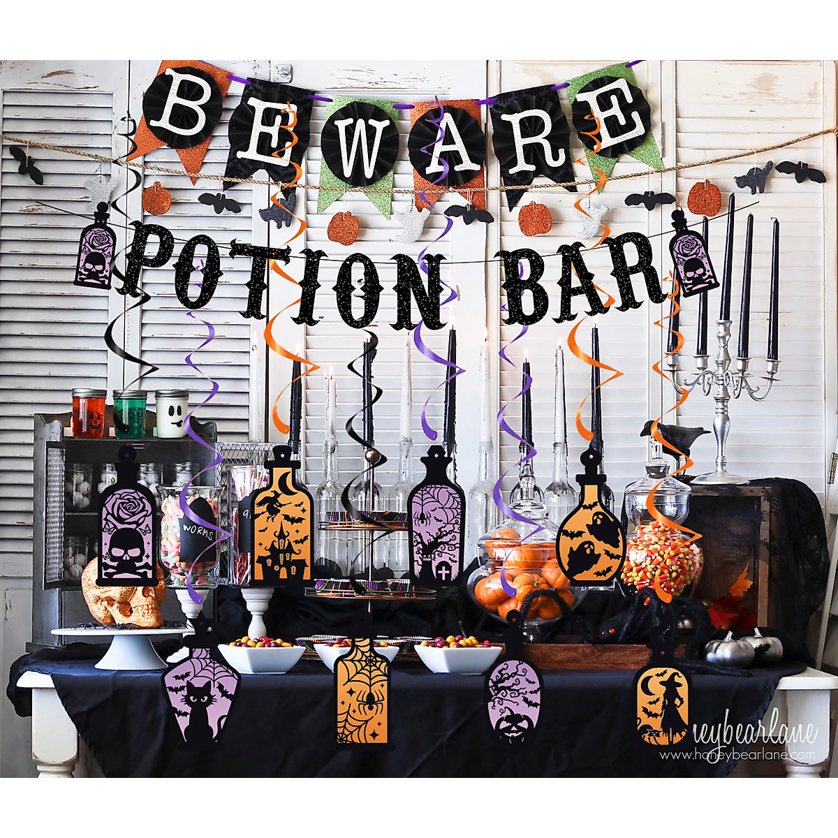 Pre-Strung Potion Bar Banner for Halloween Party Decorations with Potion Bar Hanging Swirls, Halloween Party Banner, Halloween Bar Sign Decorations for Mantel, Halloween Haunted Mansion Decorations