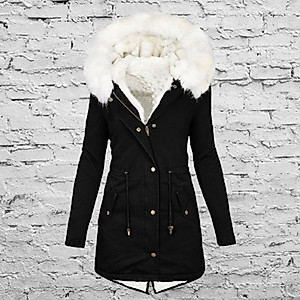 SMIDOW Womens Warm Winter Coats Trendy 2023 Fuzzy Fleece Lined Long Parka Thicken Jackets Outwear With Faux-Fur Hood womens heavy winter coat Black S