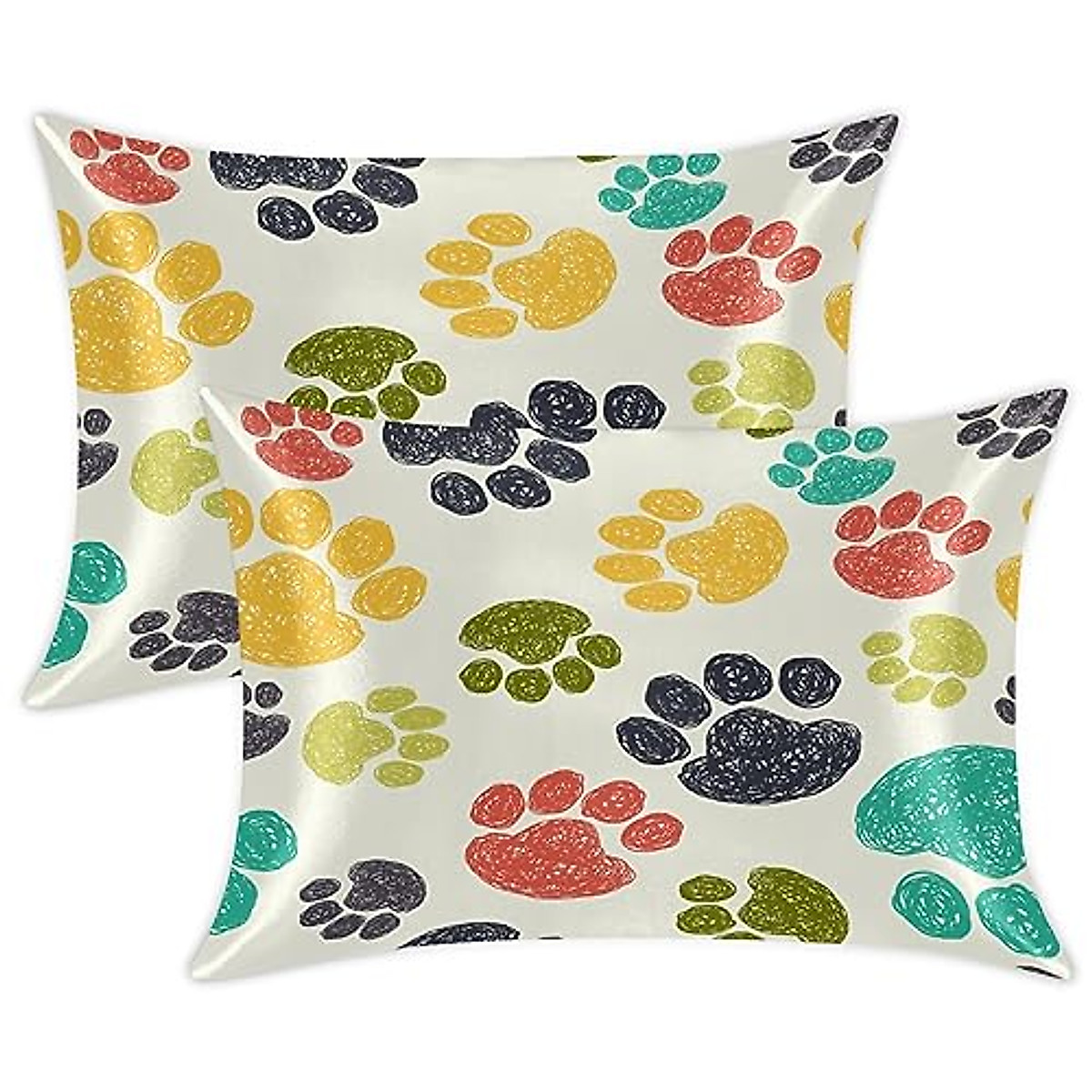 Colorful Paw Prints Satin Pillow Cases Silk Satin Pillowcase for Hair and Skin Standard Set of 2 Super Soft Silk Pillowcase with Envelope Closure (20x26 in)