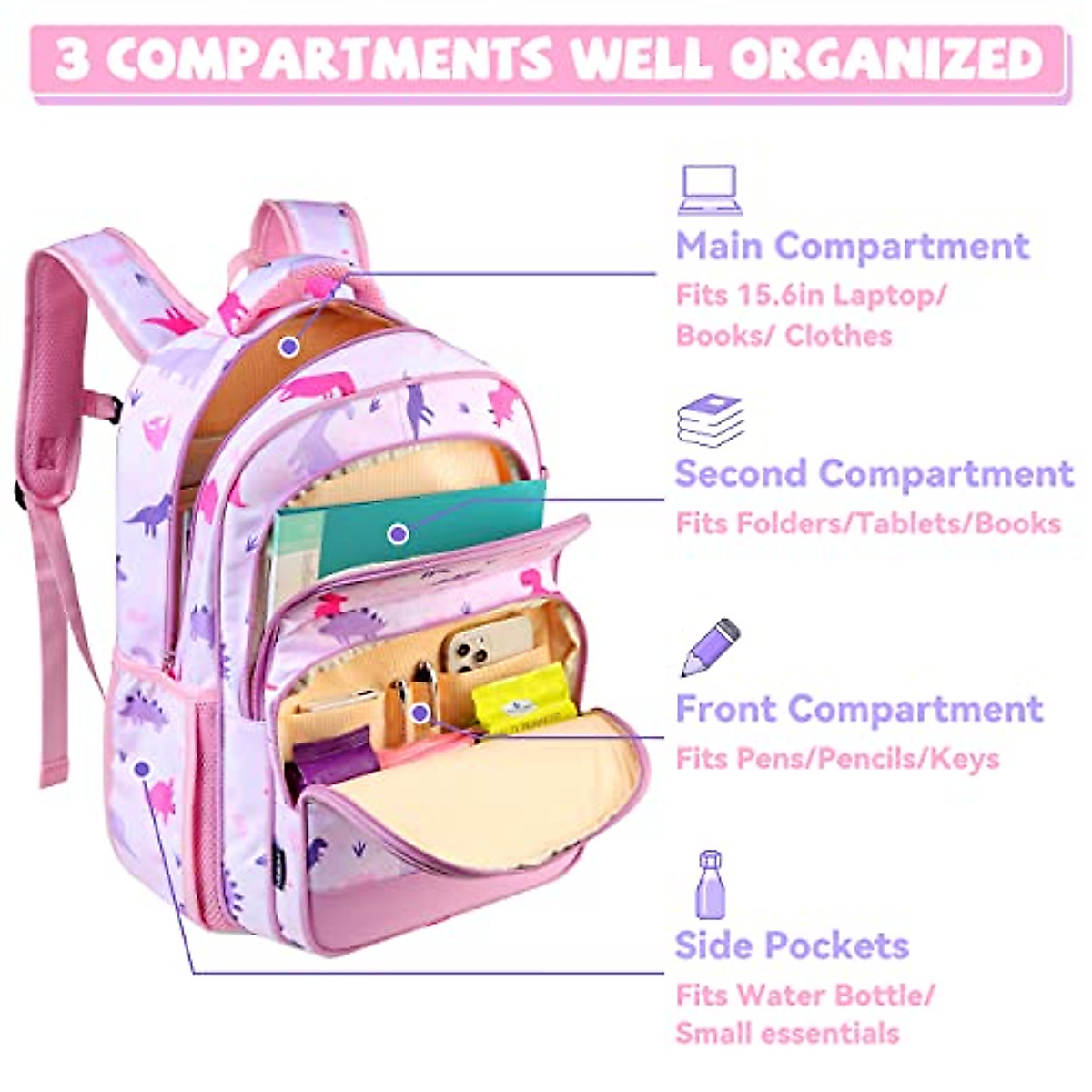 VASCHY School Backpack for Girls, 16in Water Resistant Backpack for Kids Preschool/Primary/Elementary Schoolbag Bookbag for Girls with Tablet Sleeve Pink Dino