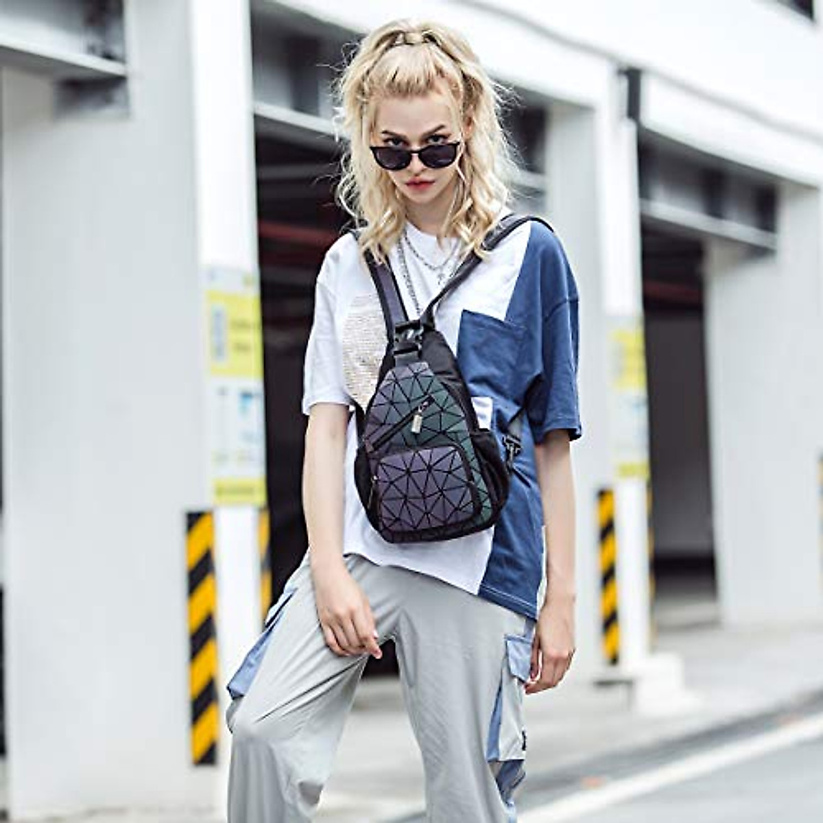 Geometric Luminous Backpacks Holographic Reflective Bag Lumikay Purse Irredescent Crossbody Bag Prism Sling Bag for Women Men NO.1