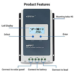 EPEVER 30A Solar Charge Controller MPPT 12V / 24V Auto Max.PV 100V Input Negative Ground Solar Panel Charge Regulator with MT50 Remote Meter Temperature Sensor RTS & PC Communication Cable RS485