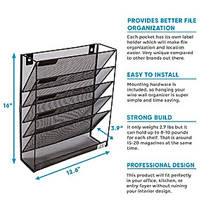 5 Pocket Wall Mounted File Hanging Organizer Metal Mesh Office Home Folder Binder Holder Magazine Mail Rack + Hardware, Black