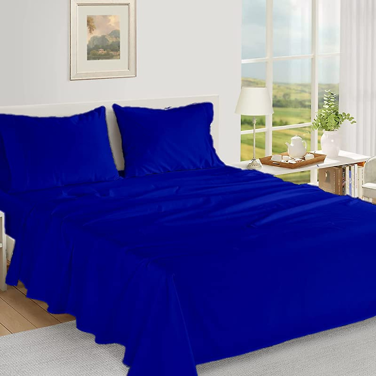 Gold Moon 650-Thread-Count 100% Egyptian Cotton King Size Sheet Set, Super Soft, Breathable, Solid Sateen Finish, 4 Piece Set, 18" Deep Pocket, Royal Blue