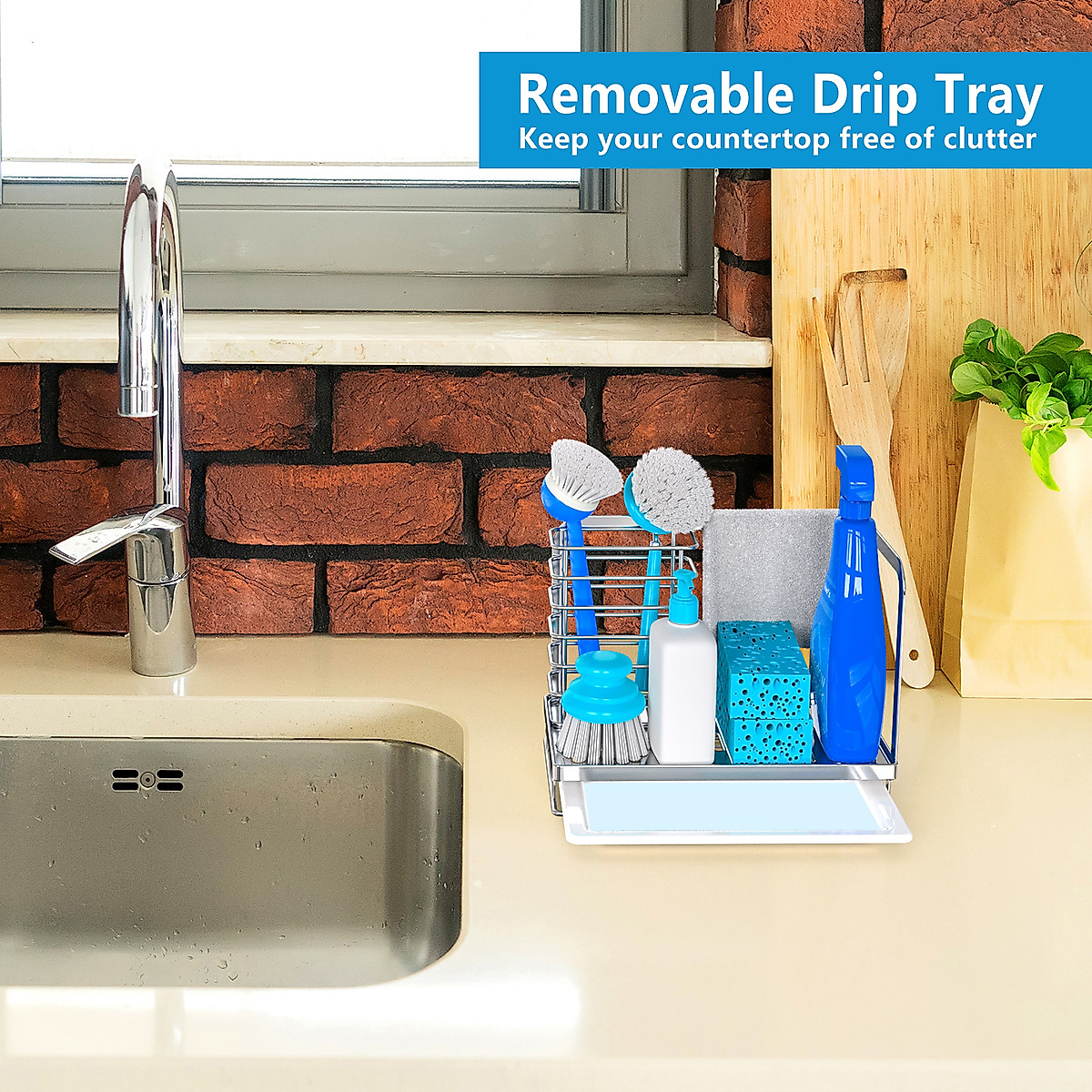 FixOwl Kitchen Sink Caddy Organizer 304 Stainless Steel Sponge Holder Dish Soap Brush Scrubber Countertop Rack, Rustproof, Silver