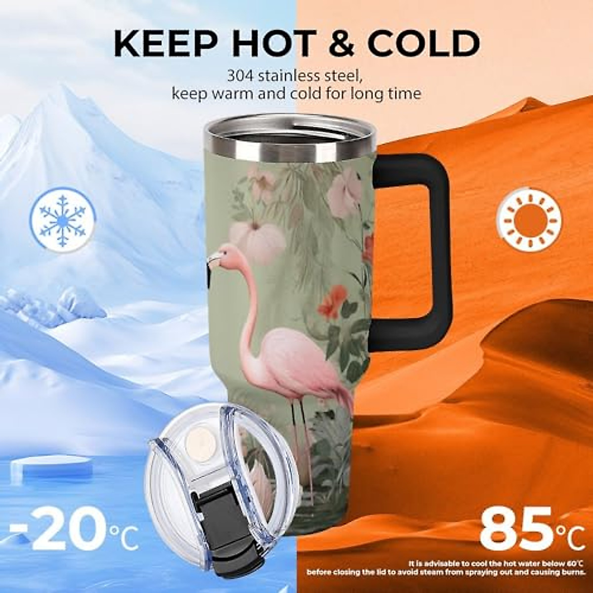 40 Oz Flamingo Insulated Stainless Steel Tumbler with Handle & Straw Lid, Reusable Travel Cupholder Friendly Mug for Coffee, Water, Tea