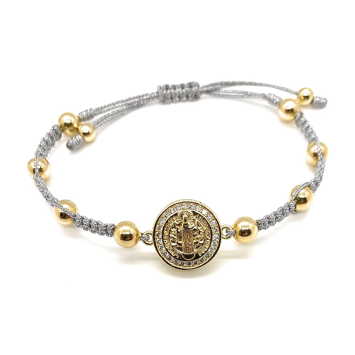 Alea Collection St Benedict Cubic Zirconia Medal Metallic Silver String Protective Bracelet Against Bad Energies and Envy