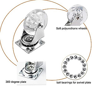 Swivel Caster Wheels for Furniture, 2 Inch Heavy Duty Castor Wheels Set of 4, Crystal Clear Polyurethane Rolling Castors with 360 Degree Plate for Cabinet,Ottoman,Bench (500LBS,Screws Included)