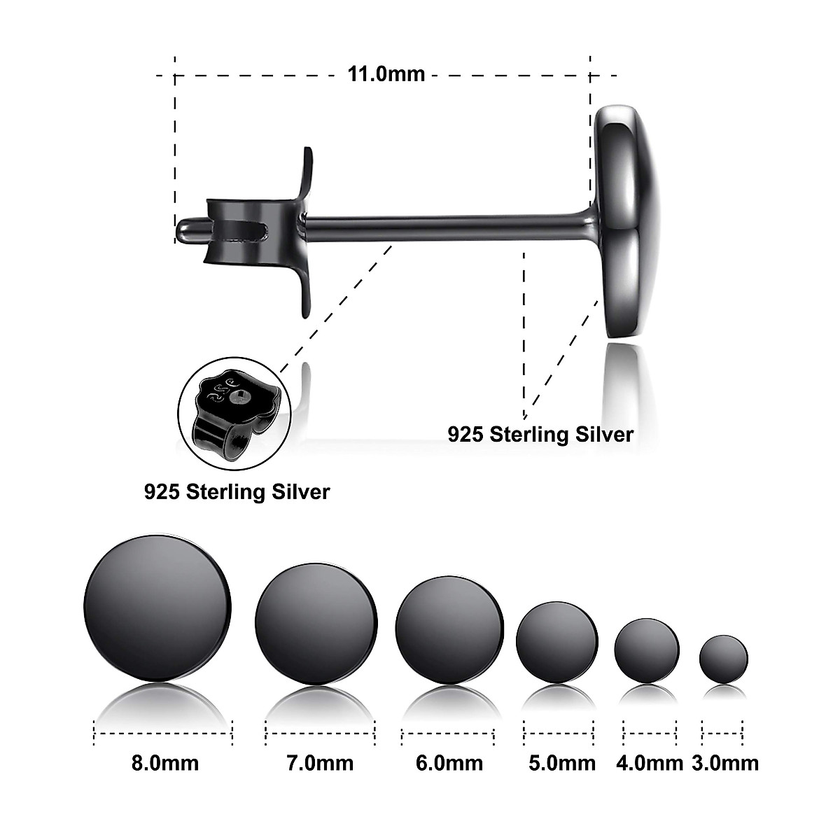 Black Stud Earrings 925 Sterling Silver Dot Studs 3mm-8mm Options, Flat Round Disc Earring Hypoallergenic Jewelry (8mm)