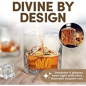 Bormioli Rocco Selecta Collection Whiskey Gift Set – Sophisticated Etched 33.75oz Decanter & 6 9.5oz Glass Tumblers With Starburst Detailing – For Whiskey, Bourbon, Scotch & Liquor