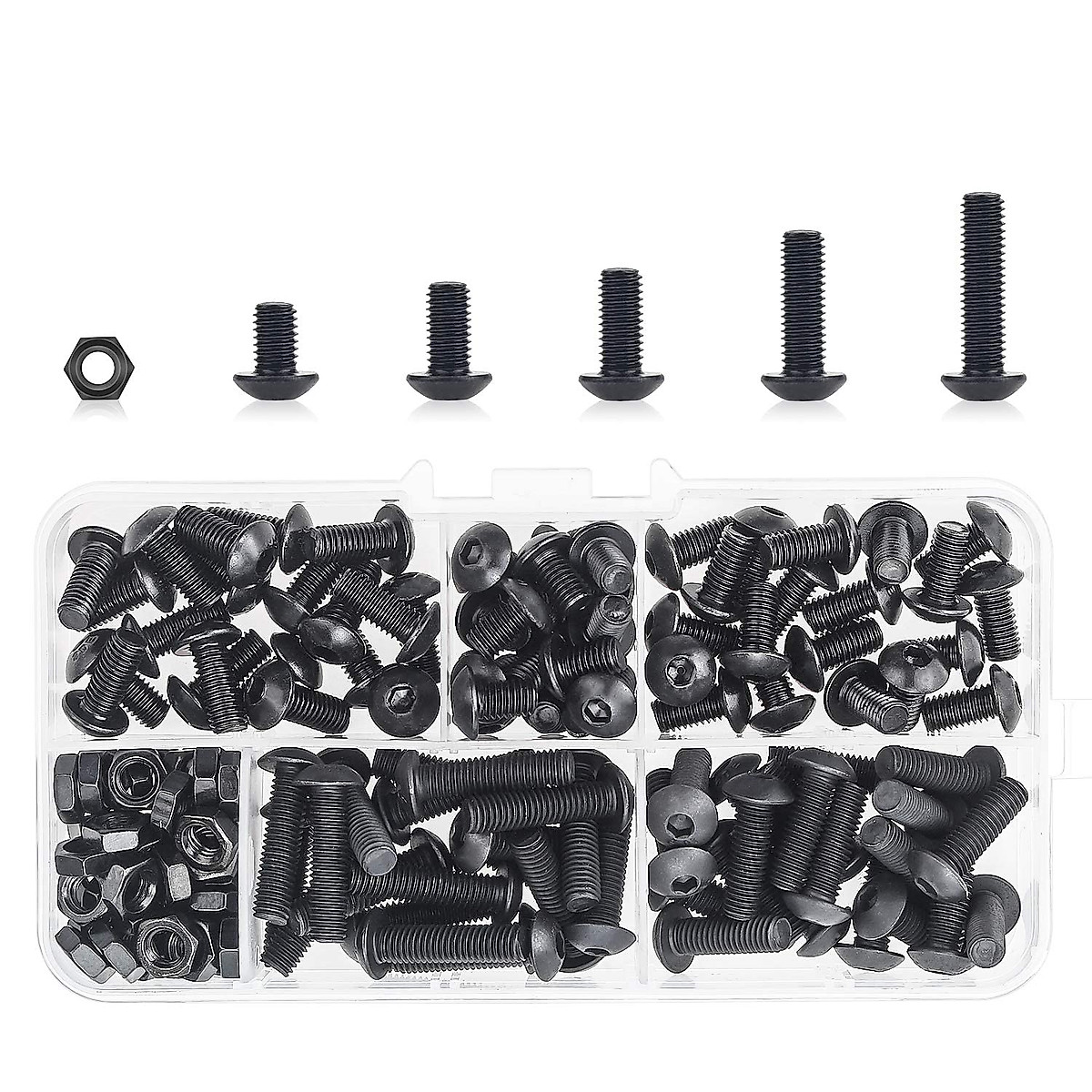DYWISHKEY 150 Pieces M5 x 8mm/10mm/12mm/16mm/20mm, 10.9 Grade Alloy Steel Hex Button Head Cap Bolts Nuts Kit with Hex Wrench