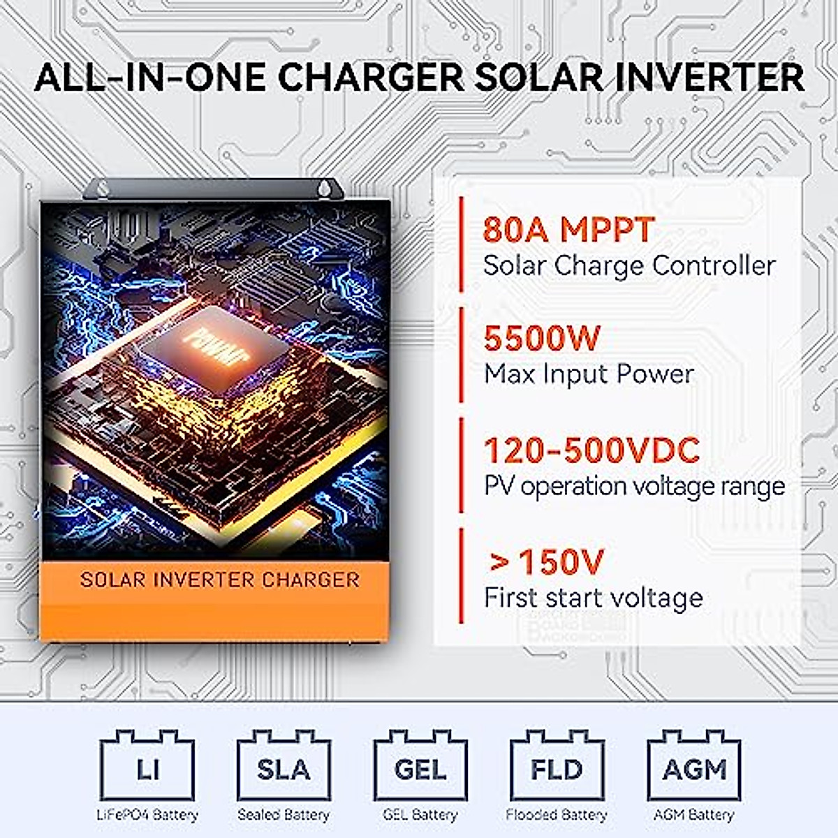 PowMr 5000W Solar Inverter 48V DC to 110V AC, 5KW Pure Sine Wave Hybrid Inverter Charger Built-in 80A MPPT Controller, Max 500V PV Input, for 48V Lead-Acid/Lithium Batteries