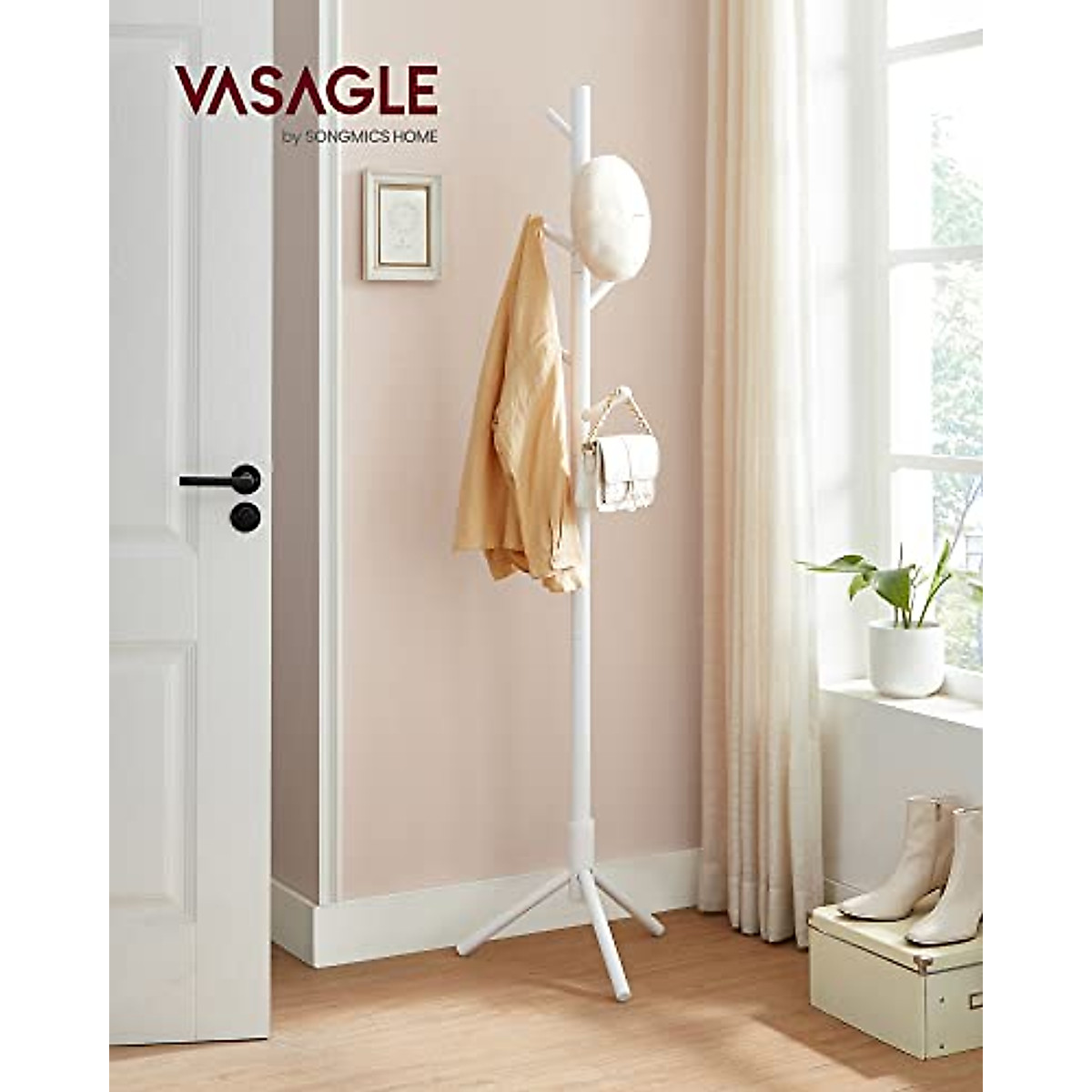 VASAGLE Solid Wood Coat Rack, Free Standing Coat Rack, Tree-Shaped Coat Rack with 8 Hooks, 3 Height Options, for Clothes, Hats, Bags, for Living Room, Bedroom, Home Office, White URCR04WT