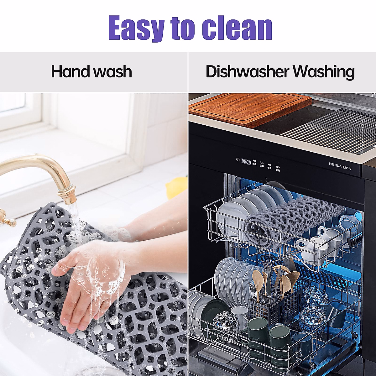 JUSTOGO Silicone Sink Protectors for Kitchen Sink 26.4"x14.4", Kitchen Sink Mat Grid Heat Resistant Sink Mats for Bottom of Kitchen Sink Farmhouse Stainless Steel Porcelain Sink Mat Rear Drain, Grey