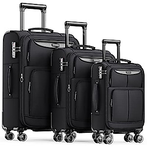 SHOWKOO Luggage Sets 3 Piece Softside Expandable Lightweight Durable Suitcase Sets Double Spinner Wheels TSA Lock Black (20in/24in/28in)