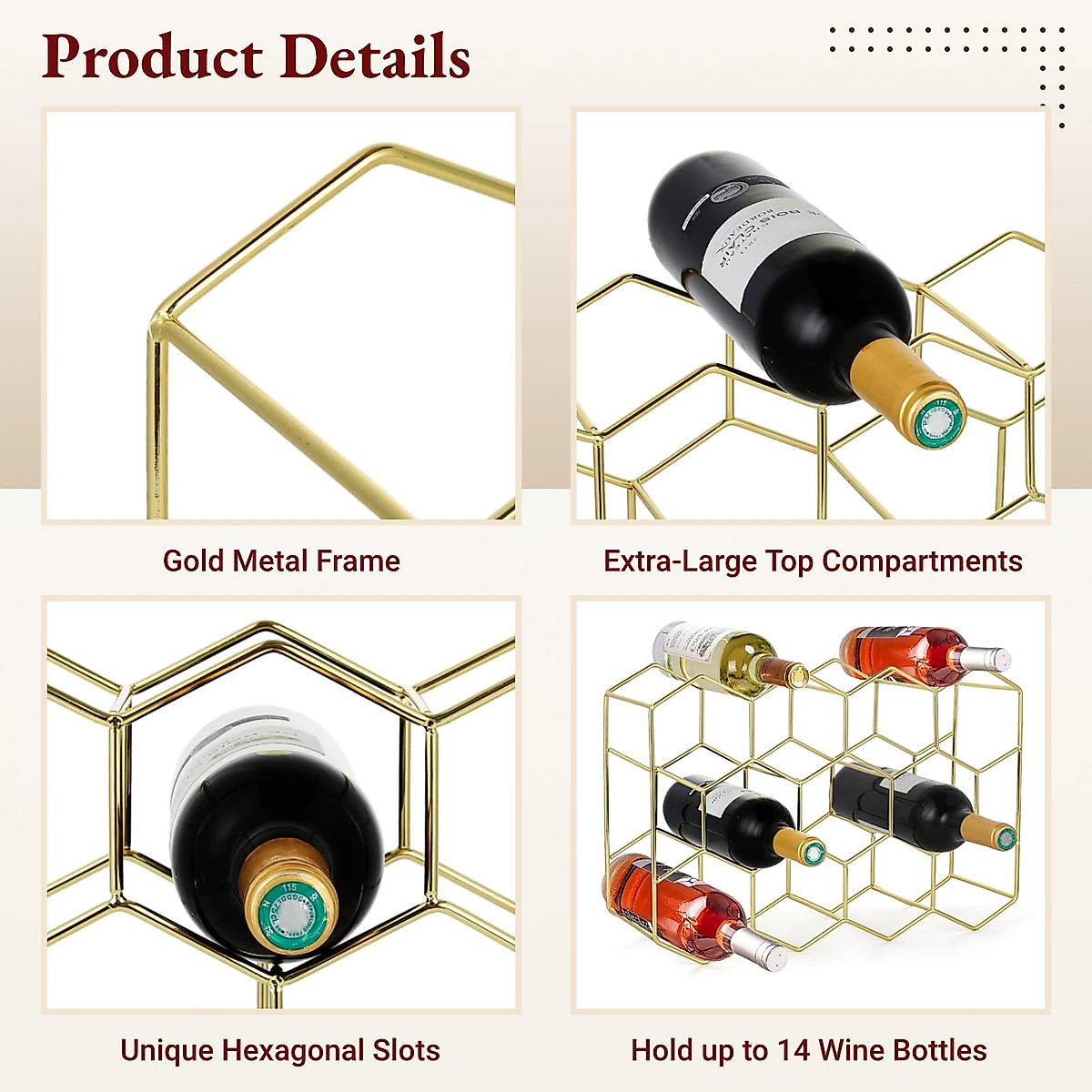 IKITEE Countertop Wine Rack, 14 Bottles Tabletop Wine Holder - No Assembly Required, 3 Tier Freestanding Gold Wine Bottle Organizer, Wine Storage Holder for Kitchen Cabinet Pantry Bar