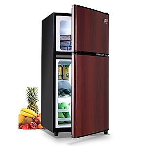 KRIB BLING Mini Fridge With Freezer,3.5 Cu. Ft Compact Refrigerator With 2 Doors,7- Level Adjustable Thermostat, Removable Glass Shelves For Bedroom, Office, Kitchen, Apartment, Dorm,Wood