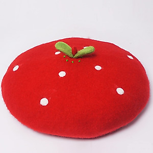 Handmade Kawaii Strawberry Beret Vintage Artist Painter Hat Women Wool Cap Warming Gift (red)