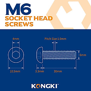 M6-1.0 x 30mm Button Head Socket Cap Screws Metric, Passivated 18-8 Stainless Steel, Allen Socket Drive, Full Thread, Machine Thread, 25 PCS