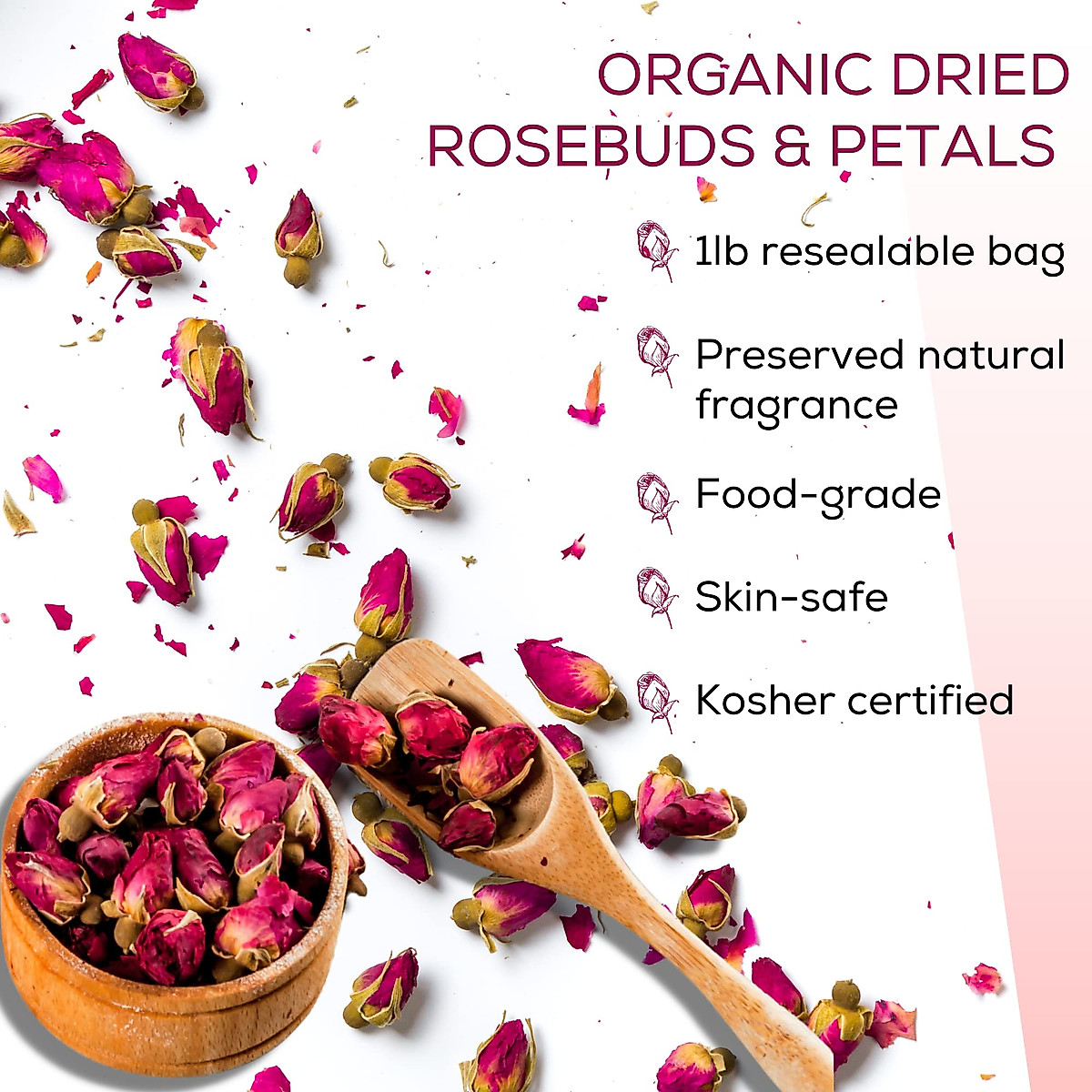 Dried Rose Petals and Rose Buds - Red - 1 Pound Edible Flowers - Use in Tea, Baking, Making Rose Water, Crafting, Wedding Confetti - Included Sample Bottle of Rose Absolute Essential Oil - by bMAKER