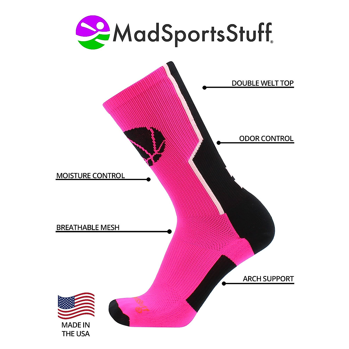 MadSportsStuff Baller Basketball Logo Crew Socks (Neon Pink/Black, Medium)
